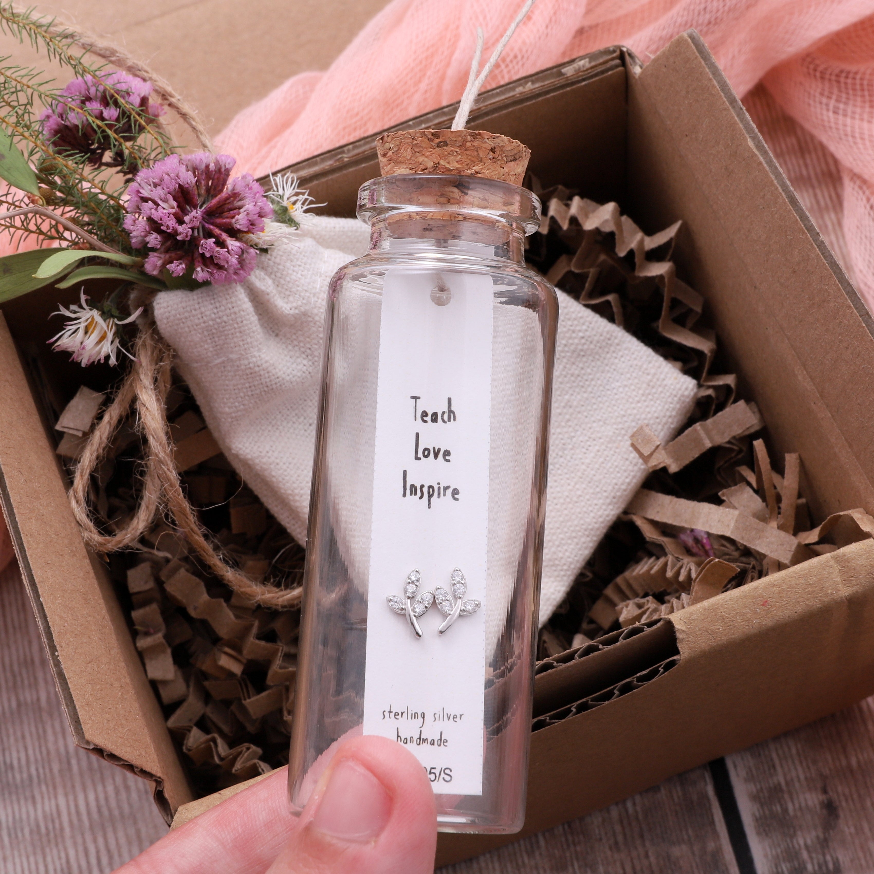 BT105 Message Bottle 'Teach Love Inspire' Leaf Stud Earrings – attic ...