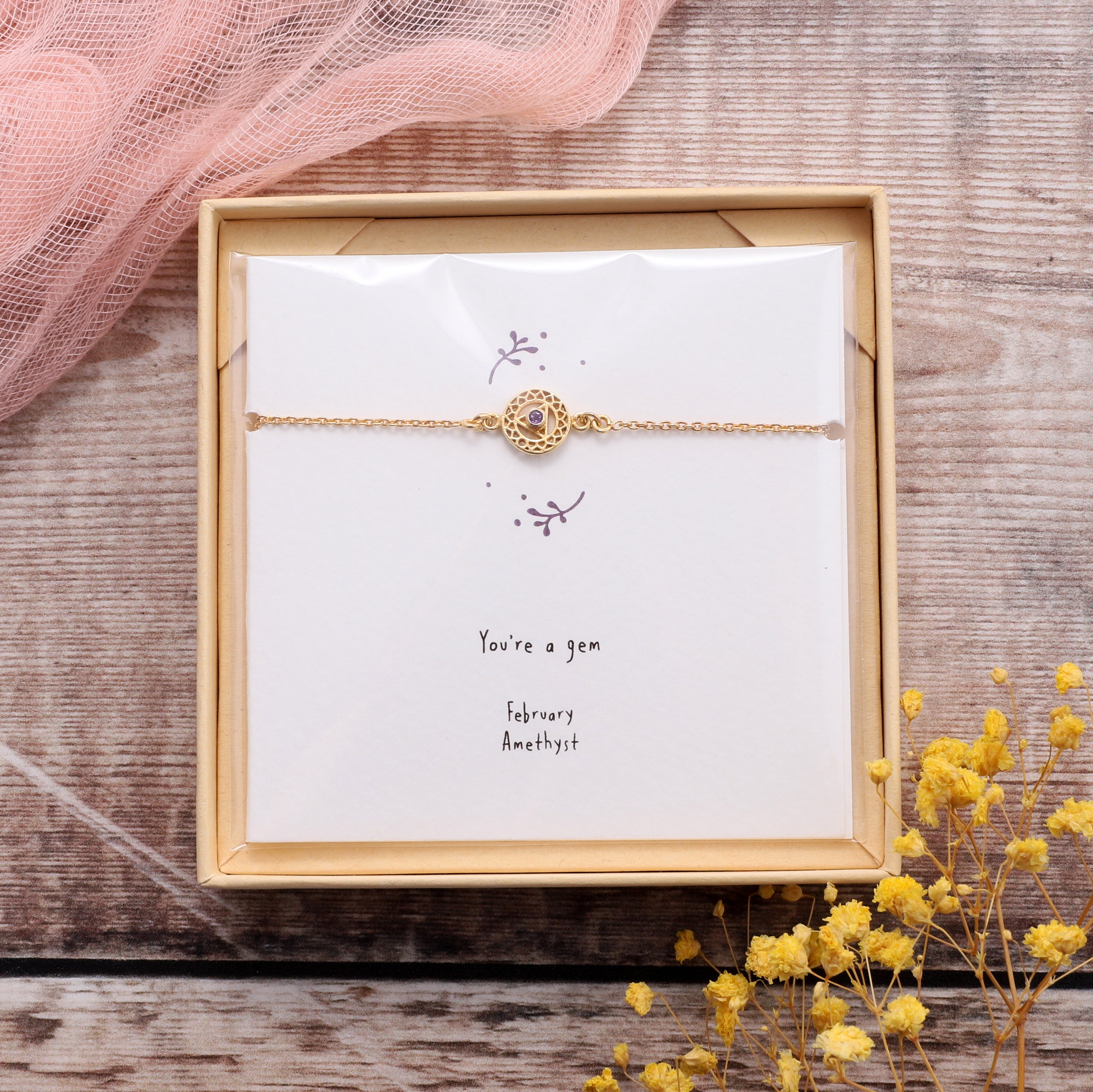BB004 February Gold Birthstone Bracelet on card – attic creations